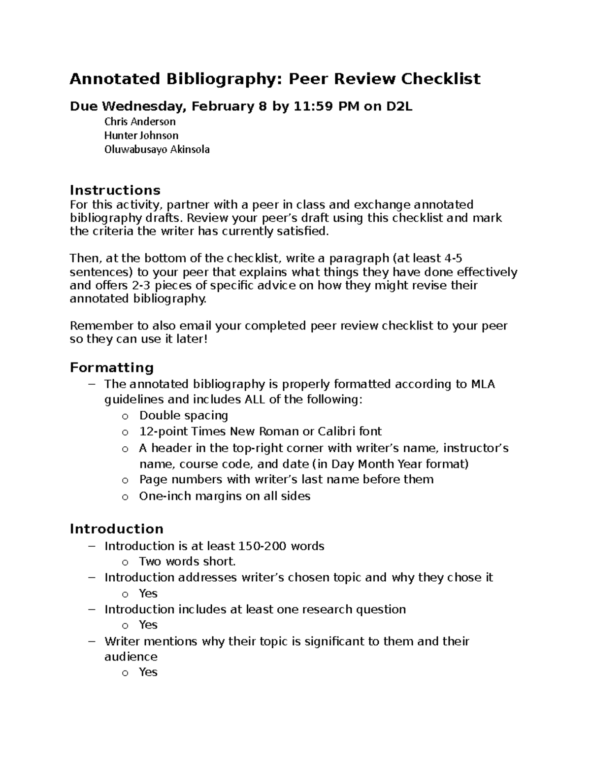 Annotated Bibliography Peer Review Checklist Guide - Studocu