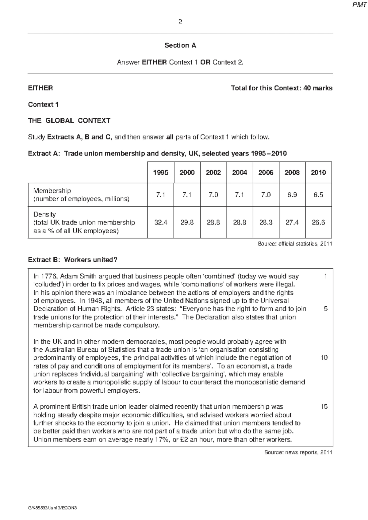 A-level Economics PMT 2 Section A: Context 1 analysis and answers - Studocu