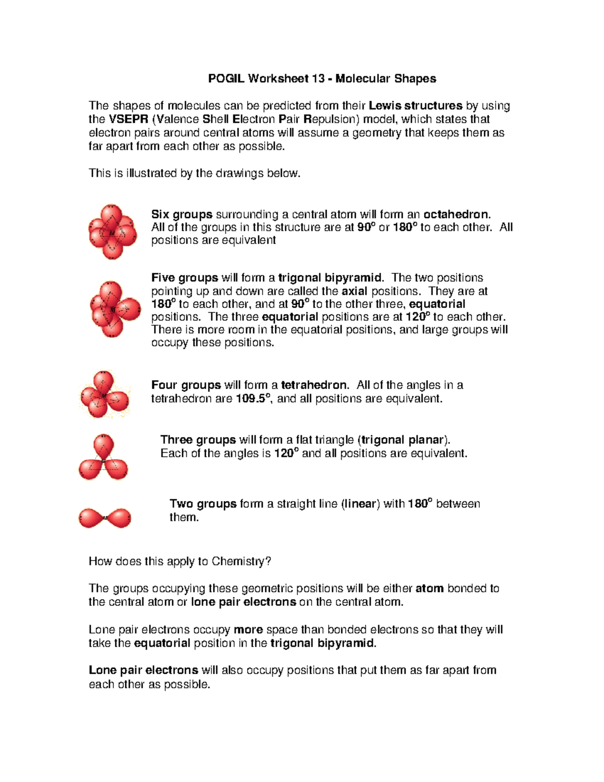 POGIL Worksheet 13: VSEPR Model and Molecular Shapes Explained - Studocu
