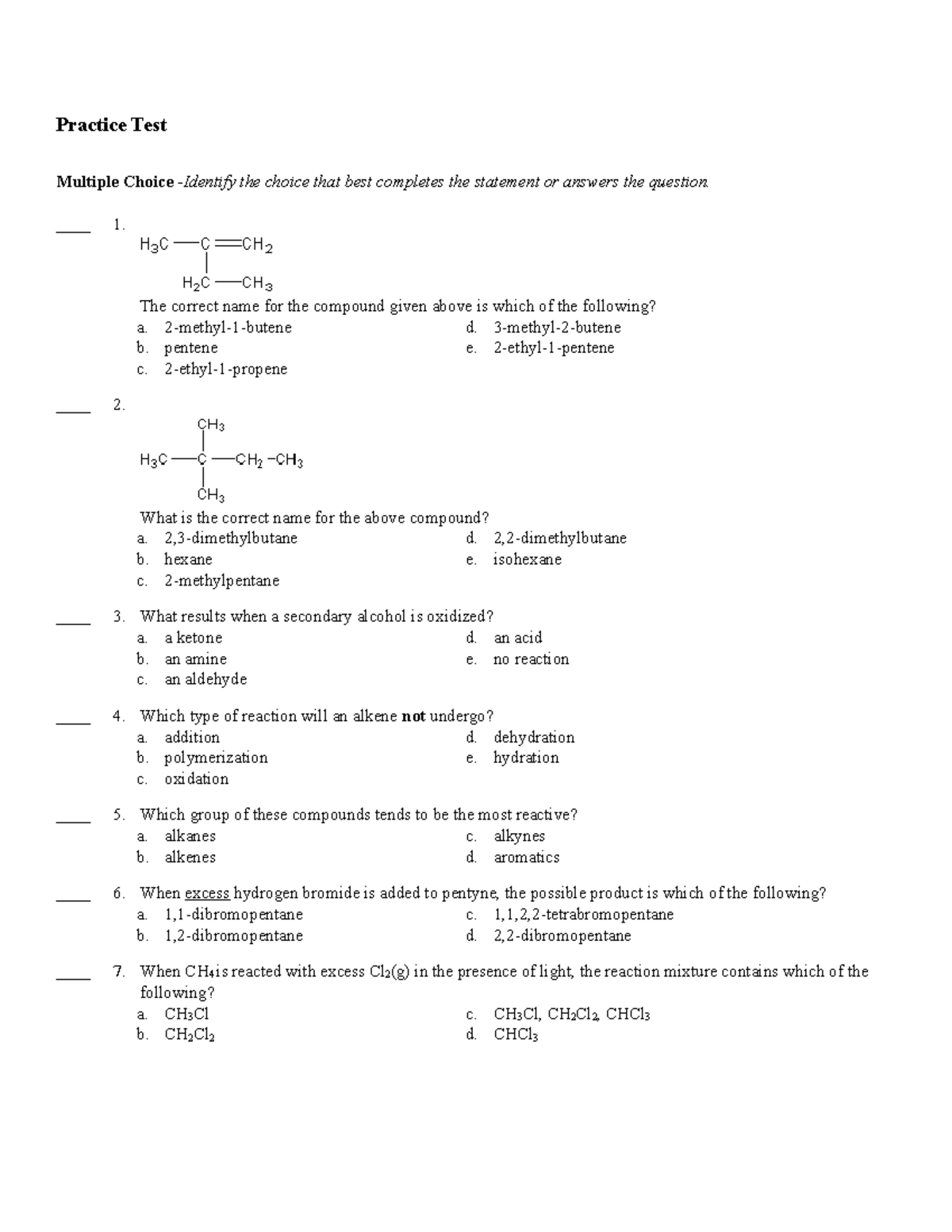 Multiple Choice Practice Test: Chemistry Concepts and Reactions - Studocu
