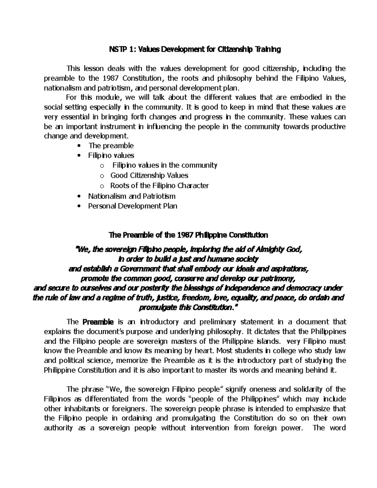 NSTP-CWTS 1: Values Development for Citizenship Training - NSTP 1 ...