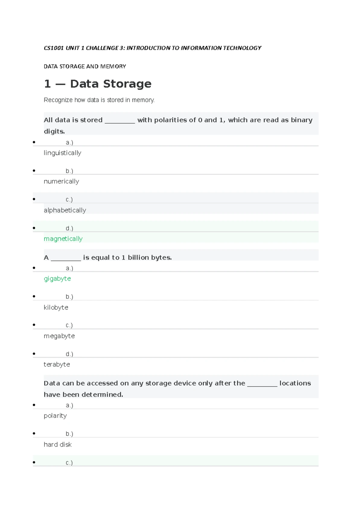 CS1001 UNIT 2 Challenge 3 - CS1001 UNIT 2 CHALLENGE 3 : INTRODUCTION TO INFORMATION TECHNOLOGY 1 ...