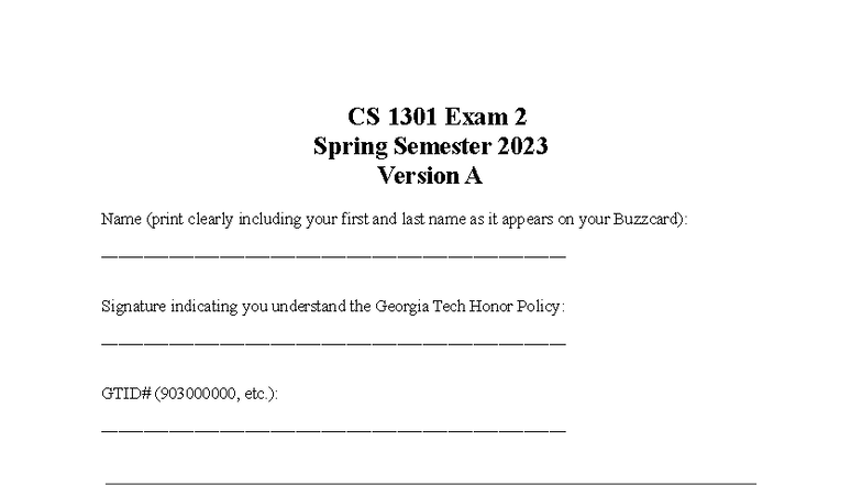 CS 1301 Exam 2 Spring 2023 - Version A Instructions and Questions - Studocu