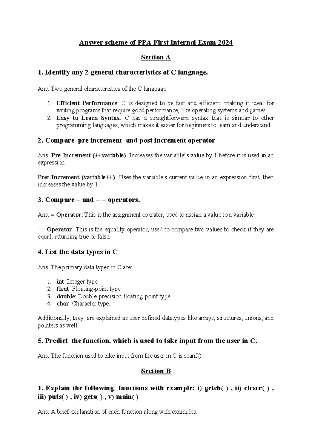 PPA 1 Answer Scheme for C Language Internal Exam 2024 - Studocu