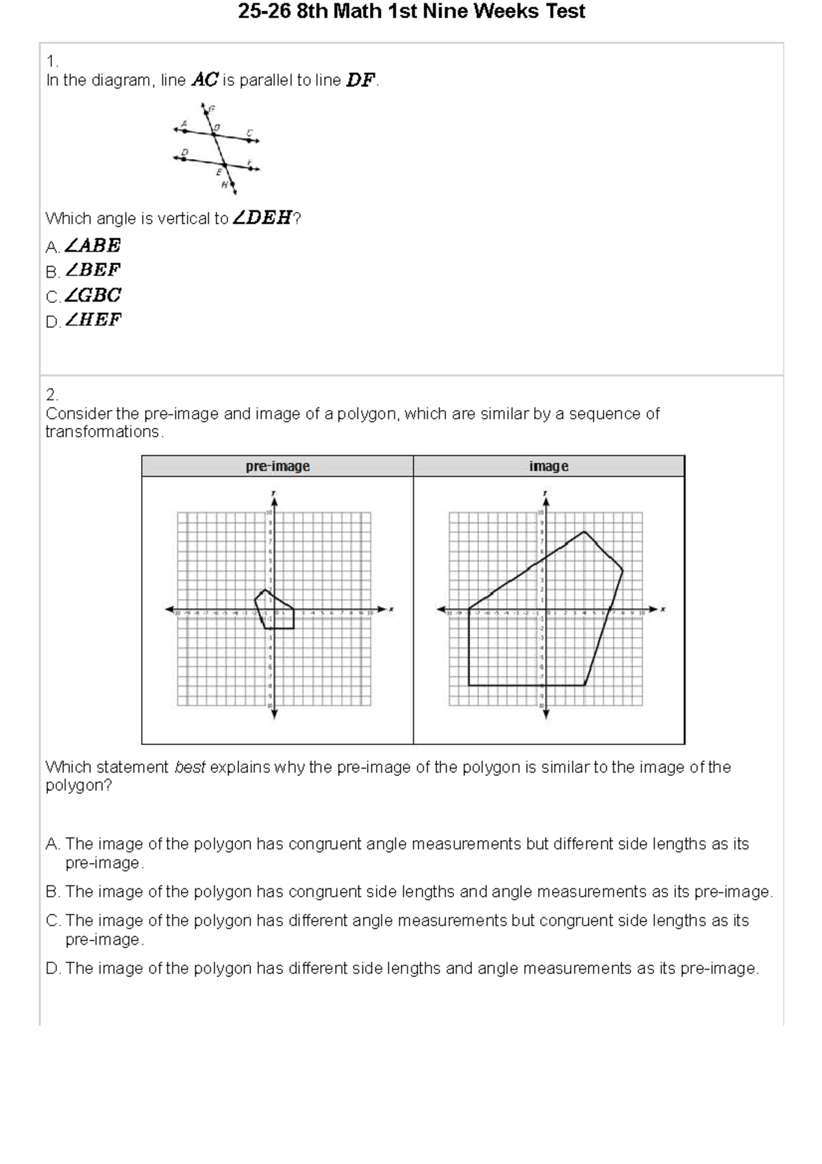 8th Grade Math 1st Nine Weeks Test: Transformations & Similarity - Studocu
