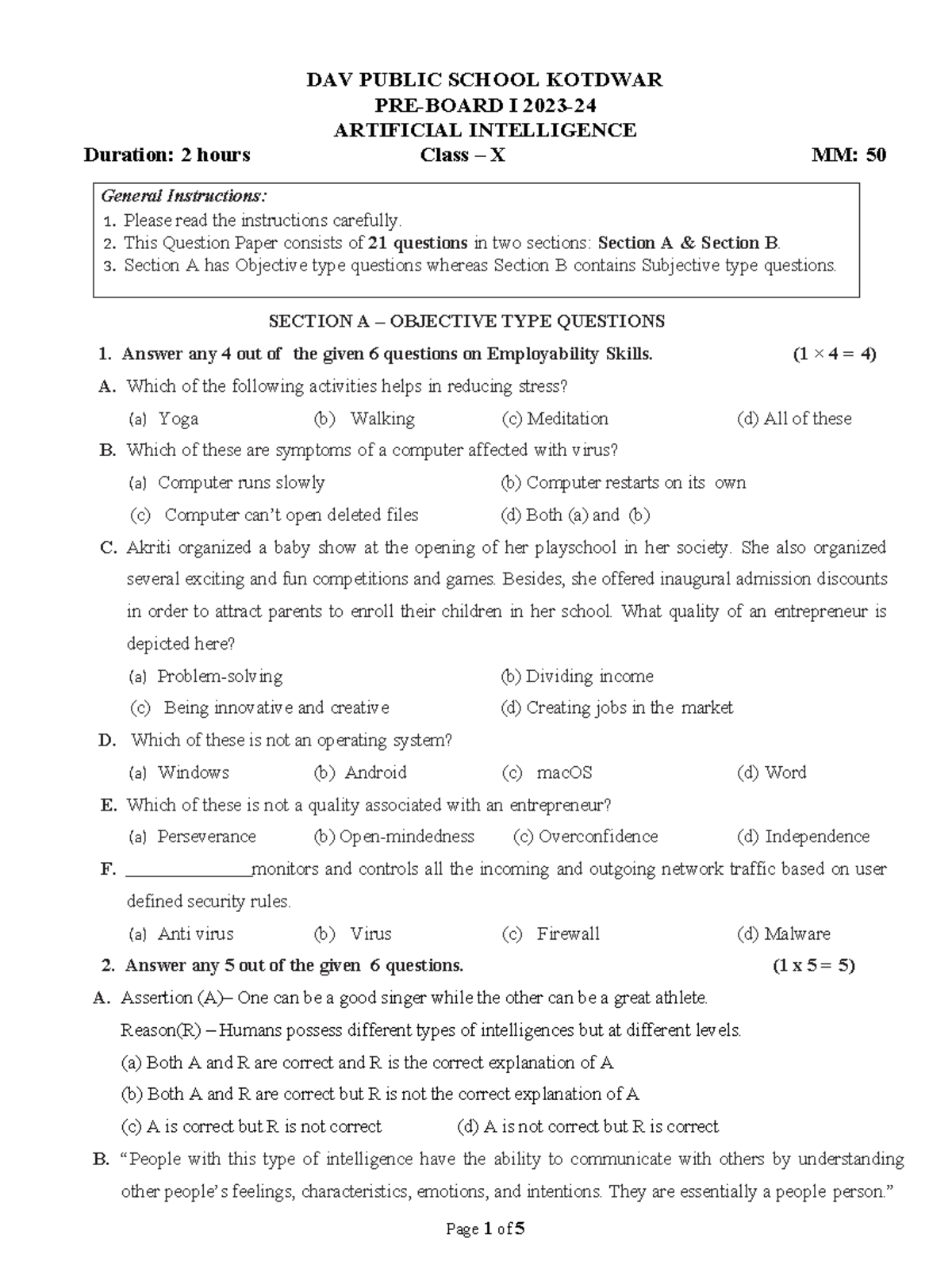 Preboard-X-AI 2023-24 - DAV PUBLIC SCHOOL KOTDWAR PRE-BOARD I 2023 ...