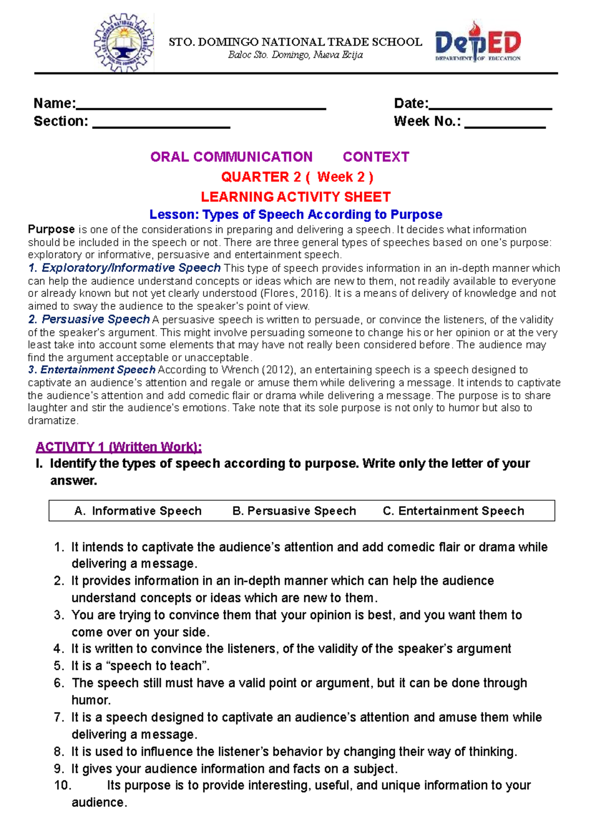 OCC Learning Activity Sheet: Week 2 - Types of Speech Explained - Studocu