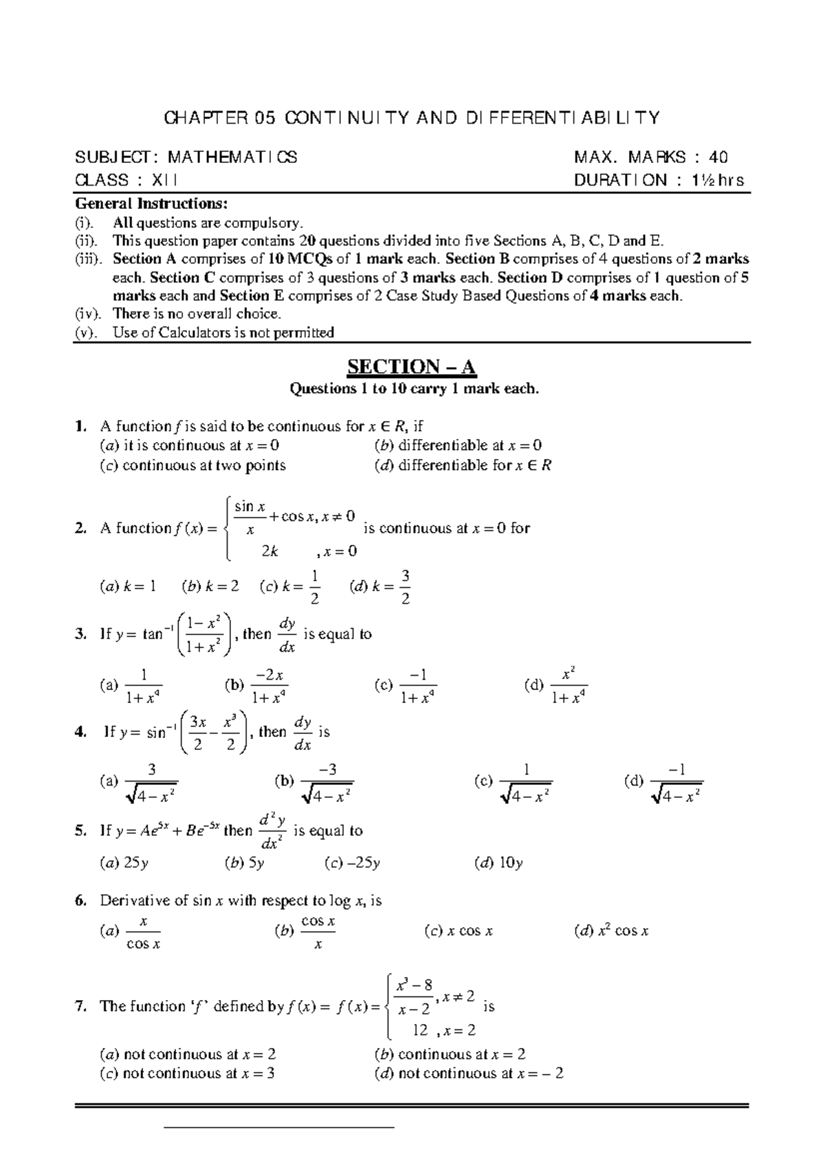 CHAPTER 05: CONTINUITY AND DIFFERENTIABILITY - MATHS CLASS XII PRACTICE ...