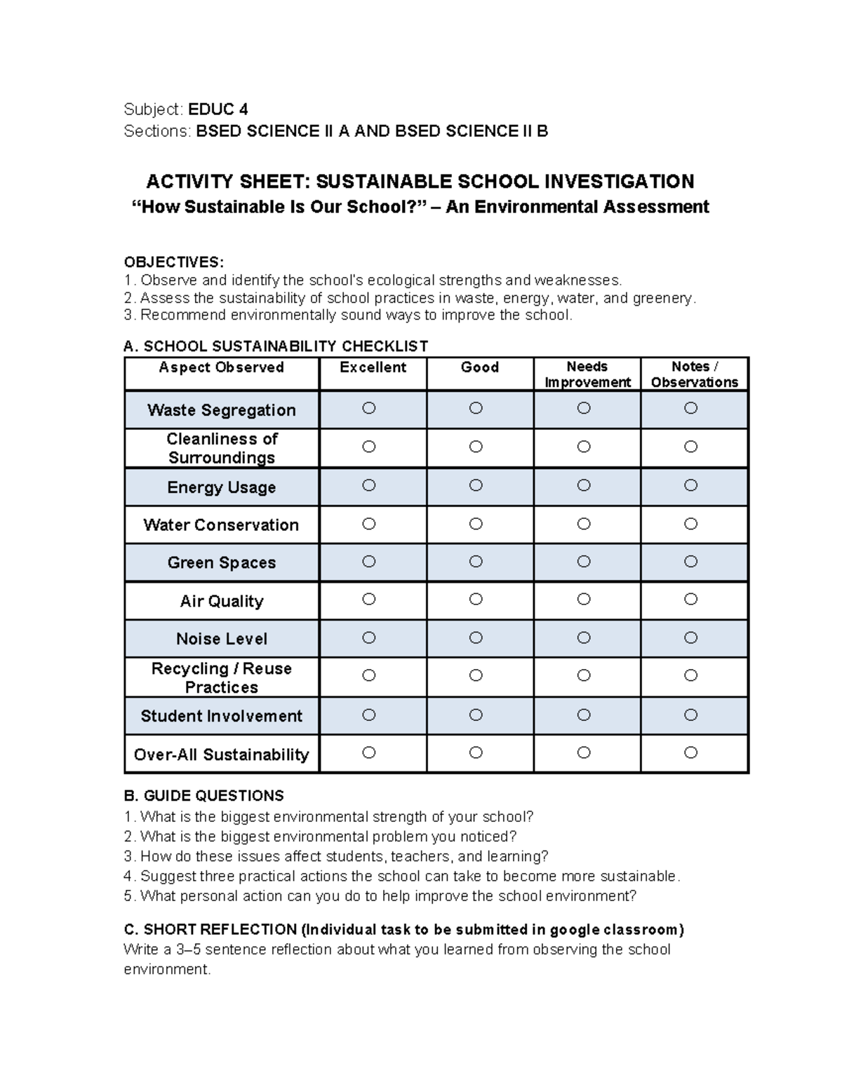 EDUC 4: Sustainable School Investigation Activity Sheet - Studocu