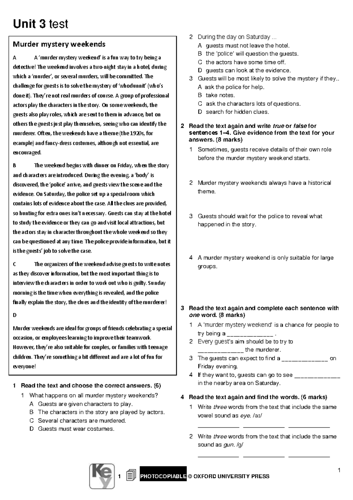 KTB 1 - Unit 3 Test: Understanding Murder Mystery Weekends - Studocu