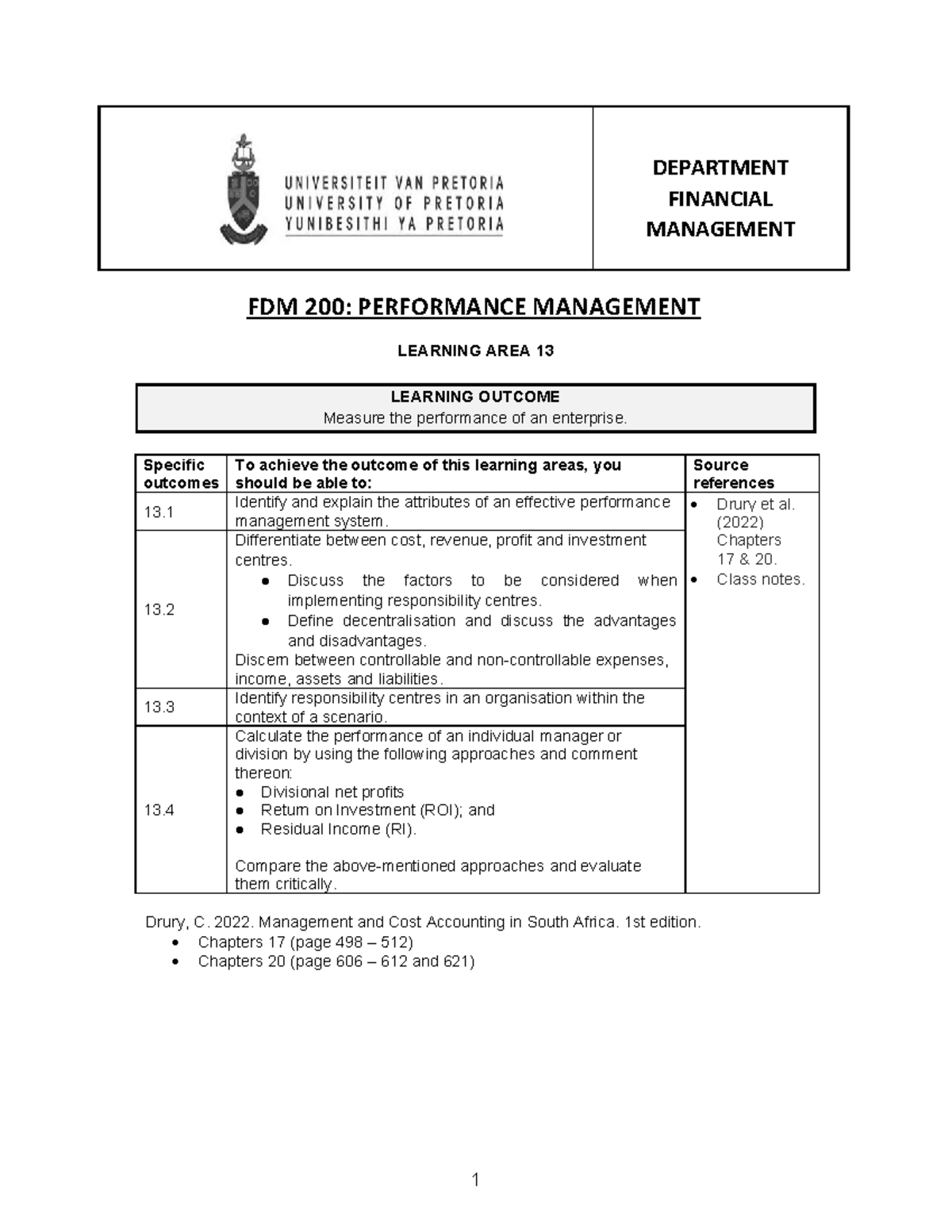 Performance Management Lecture Notes - FDM 200: Learning Area 13 - Studocu