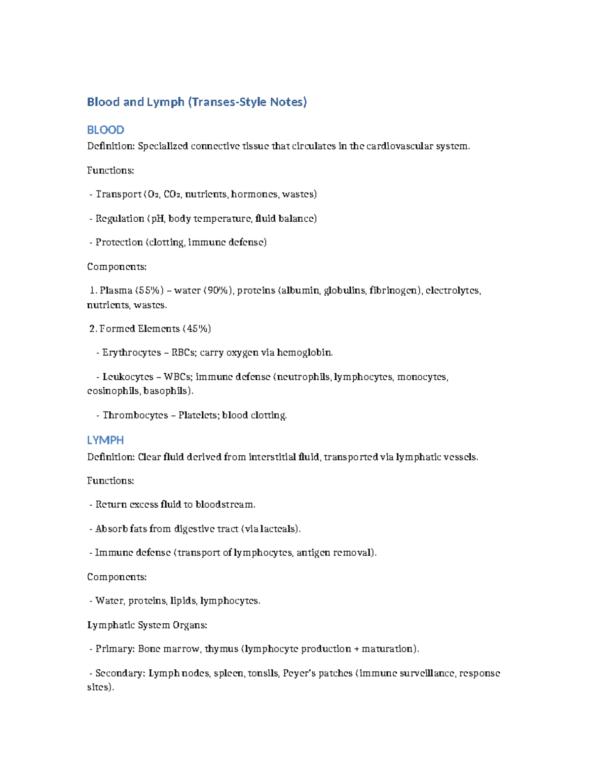 Blood and Lymph Notes: Key Functions and Components - Studocu