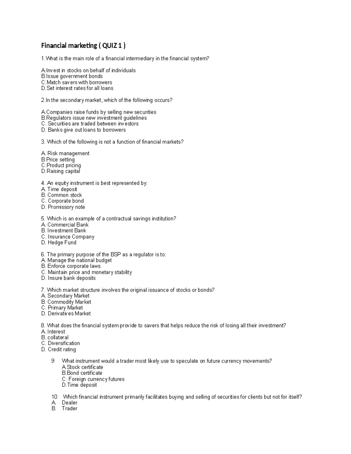 Finmar QUIZ 1 - Financial Marketing Concepts and Questions - Studocu