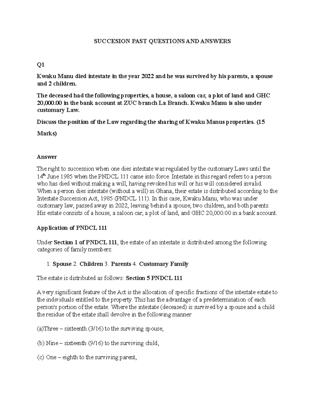 Succession Law Past Questions & Answers (SUCC 101) - Studocu