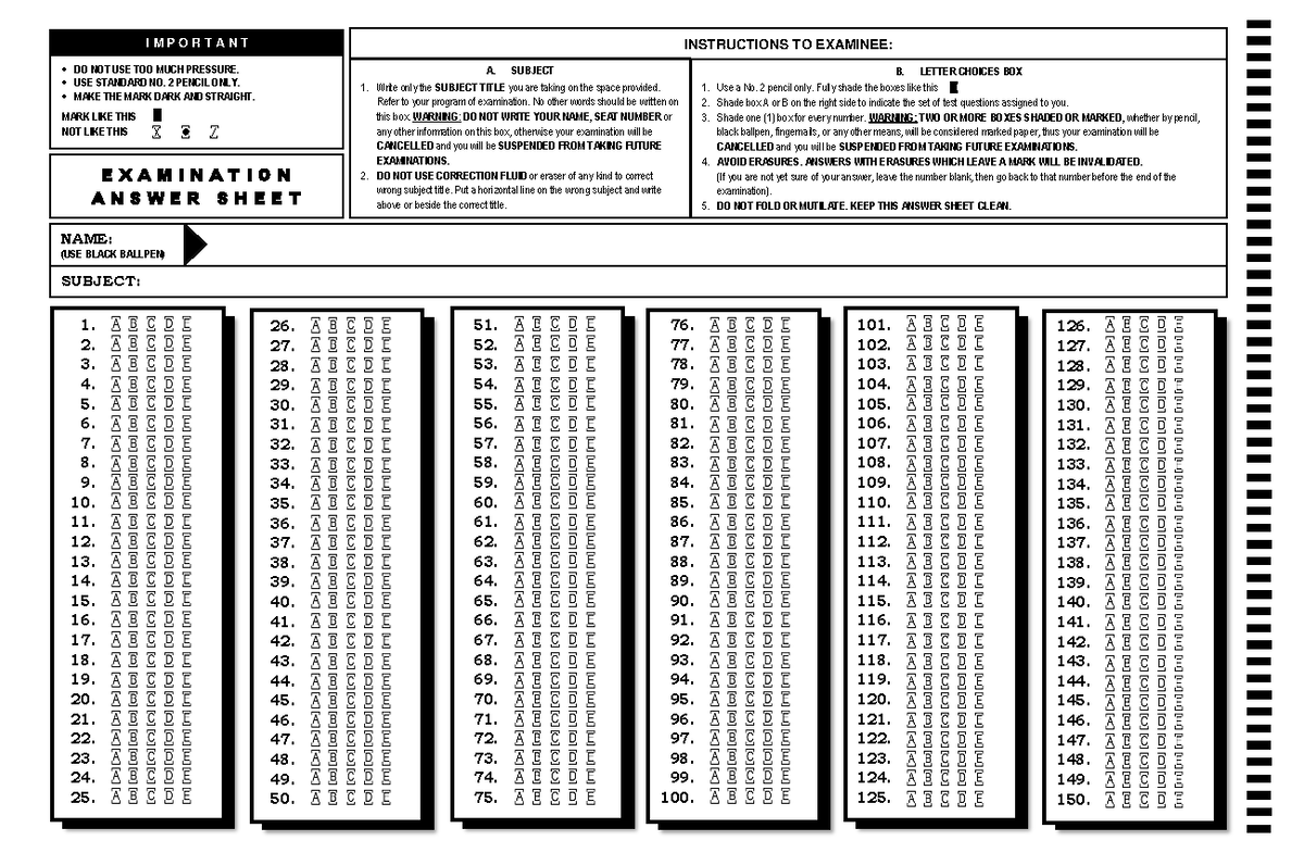 Sample- Scantron - helppp - INSTRUCTIONS TO EXAMINEE: A. SUBJECT Write ...