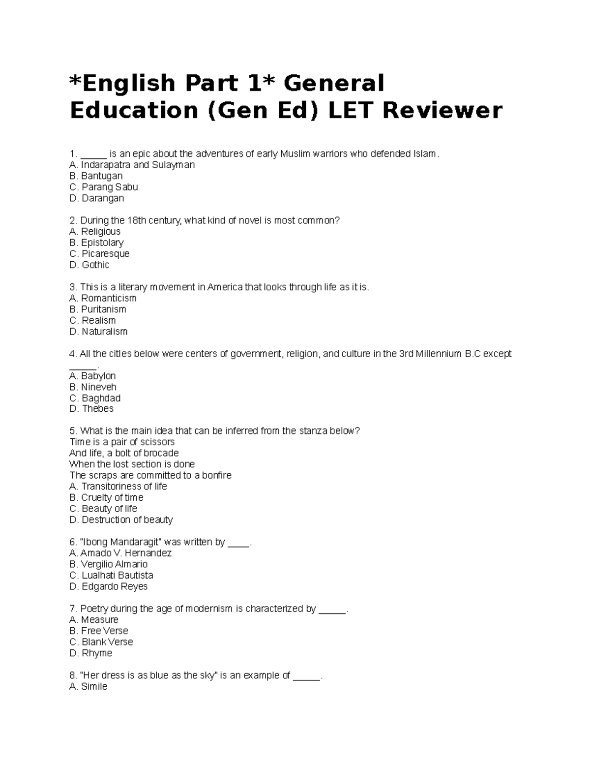 English 1 - General Education (Gen Ed) LET Reviewer with MCQs - Studocu
