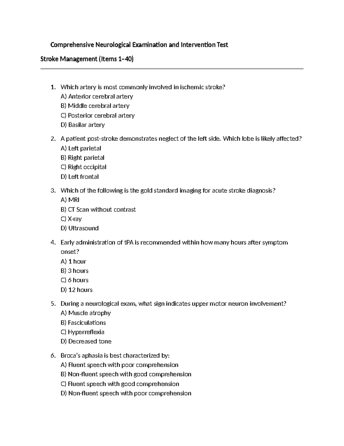 Comprehensive Neurological Examination Test Questions - 🧠 Comprehensive ...