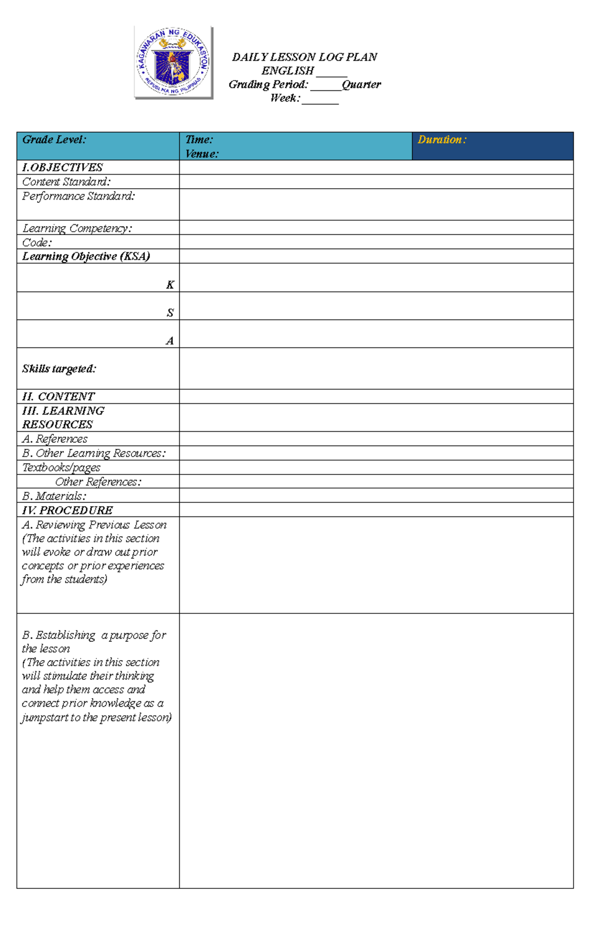 Math-DLL-Template - Daily Lesson Log Plan for English Class - Studocu
