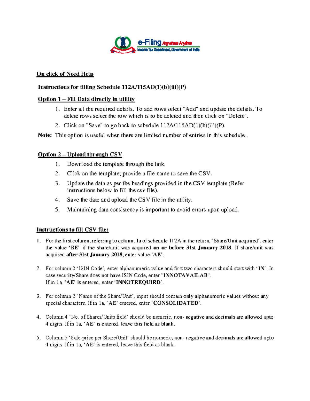 Instructions for Filling Schedule 112A/115AD CSV File - Studocu