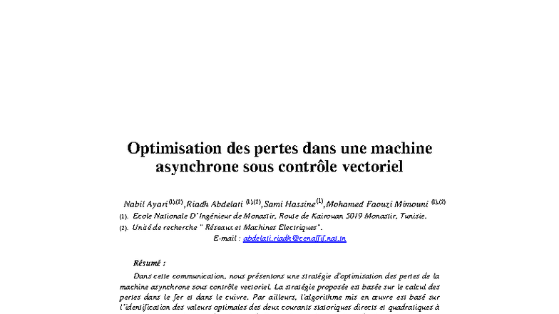 Optimisation des Pertes dans un Moteur Asynchrone sous Contrôle ...