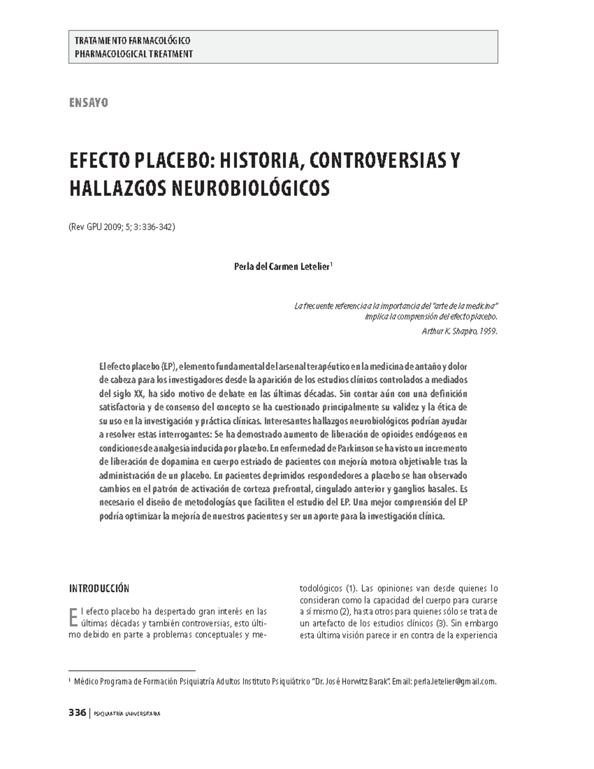 2. Efecto Placebo: Historia y Hallazgos Neurobiológicos - Farmaco - Studocu