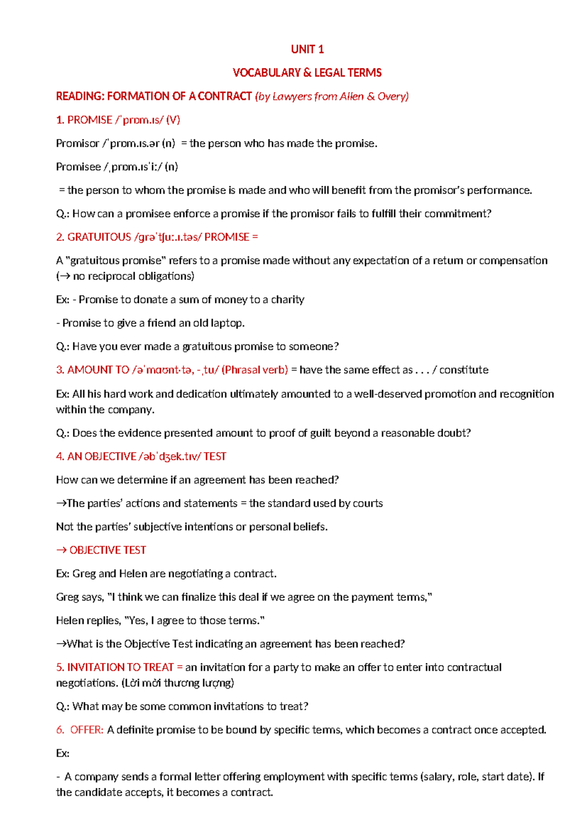 UNIT 1 VOCABULARY: LEGAL TERMS IN CONTRACT FORMATION - Studocu