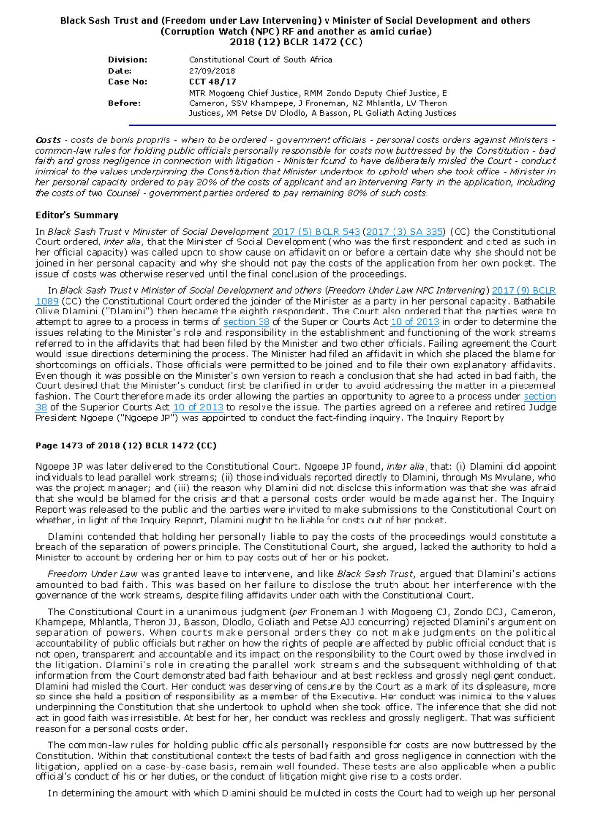 Black Sash Trust and Freedom Under Law v Minister of Social Dev (CCT 48 ...