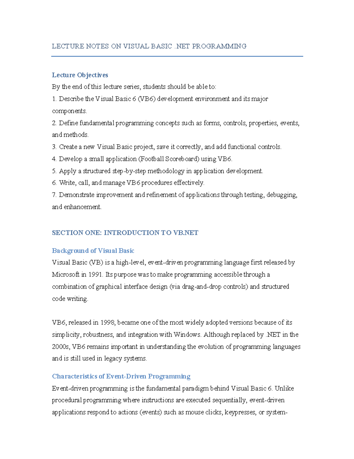 LECTURE NOTES ON VB.NET PROGRAMMING (Topic 1) - Studocu