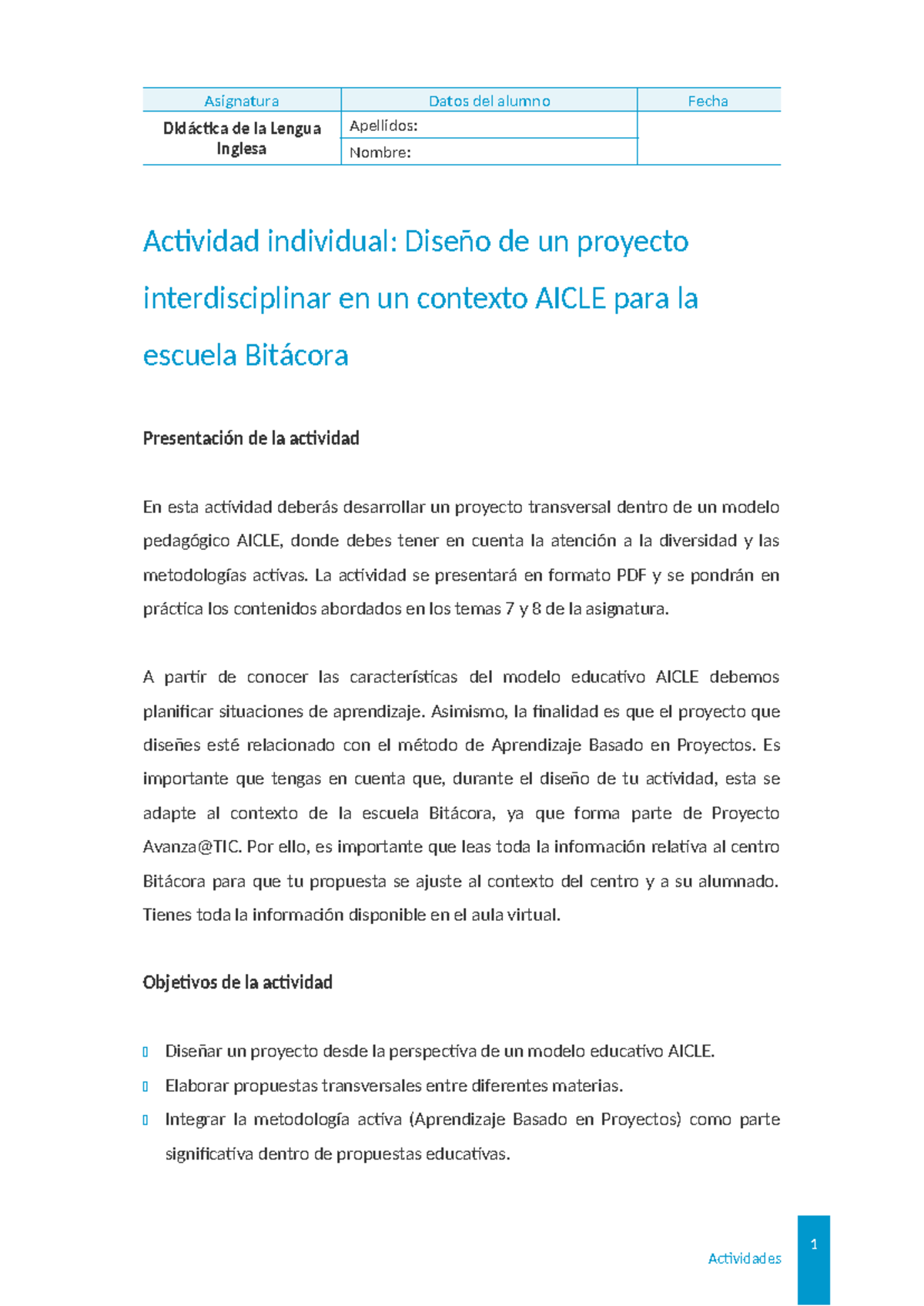Diseño de Proyecto Interdisciplinar AICLE - Actividad 2 - Studocu