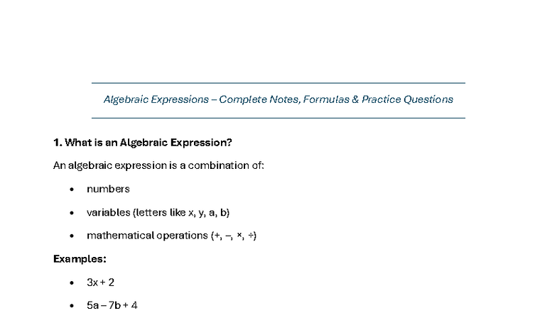 Algebraic Expressions: Complete Notes & Practice Questions - Studocu