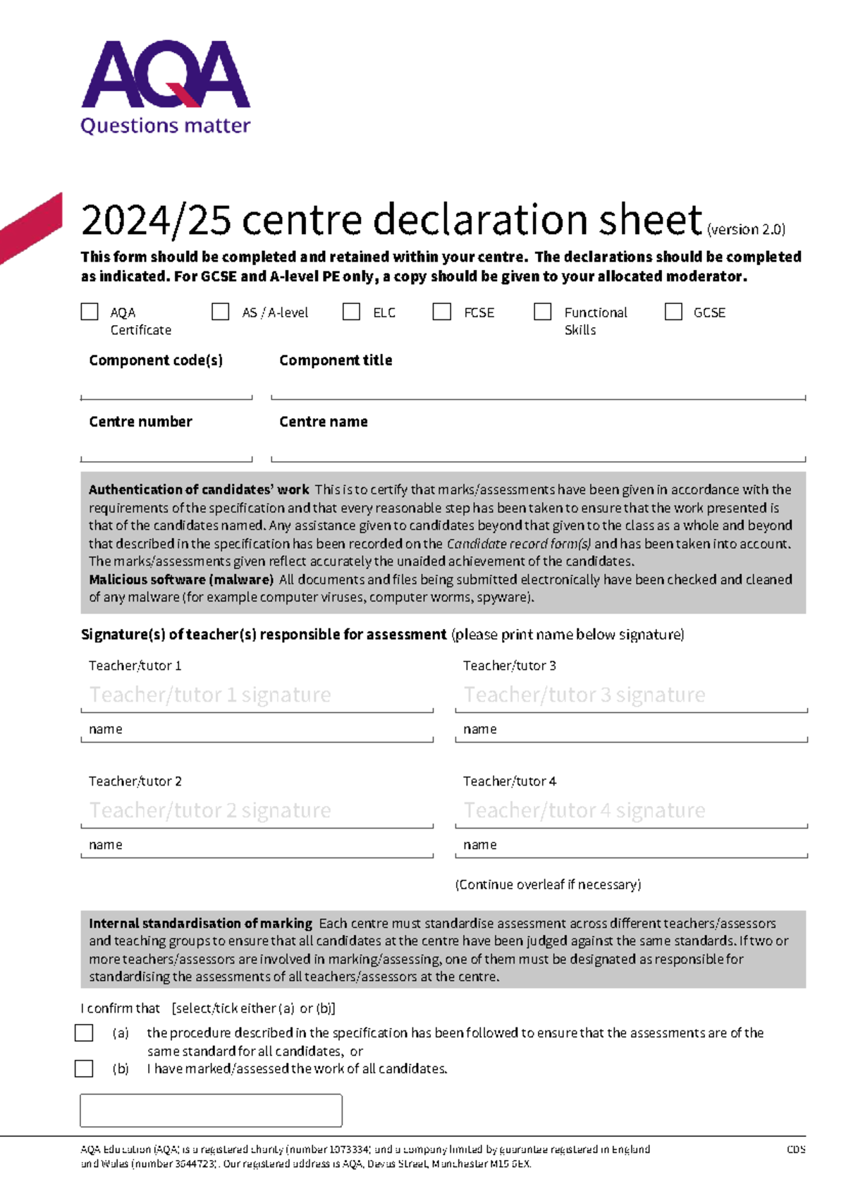 AQA Centre Declaration Sheet (Version 2.0) for GCSE & PE - Studocu