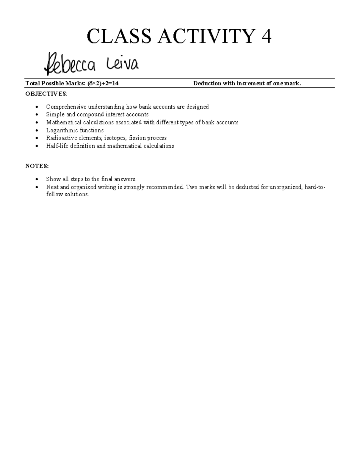 Class Activity 4: Bank Accounts & Radioactive Elements Analysis - Studocu