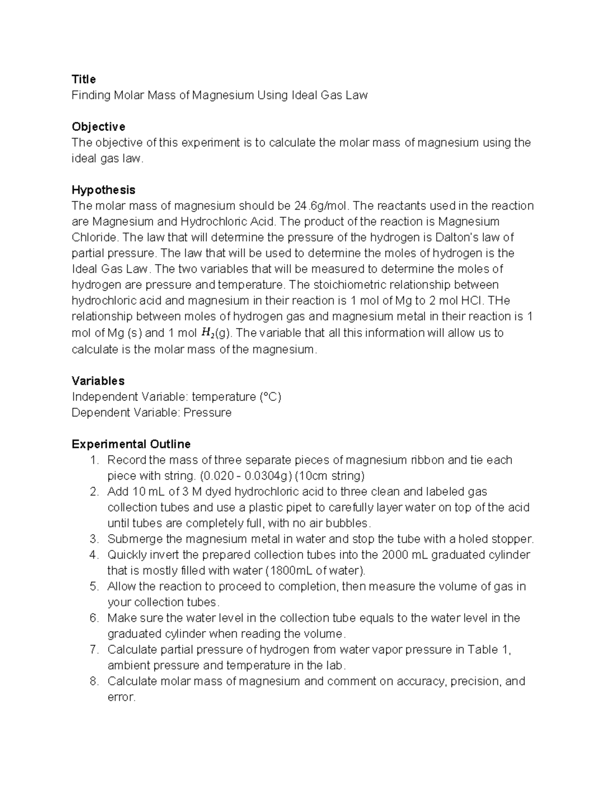 Chem 101 Experiment 12B Lab Report: Molar Mass of Magnesium ...