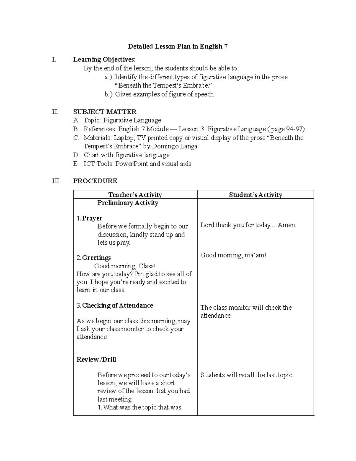 Detailed Lesson Plan: Figurative Language in English 7 - Studocu