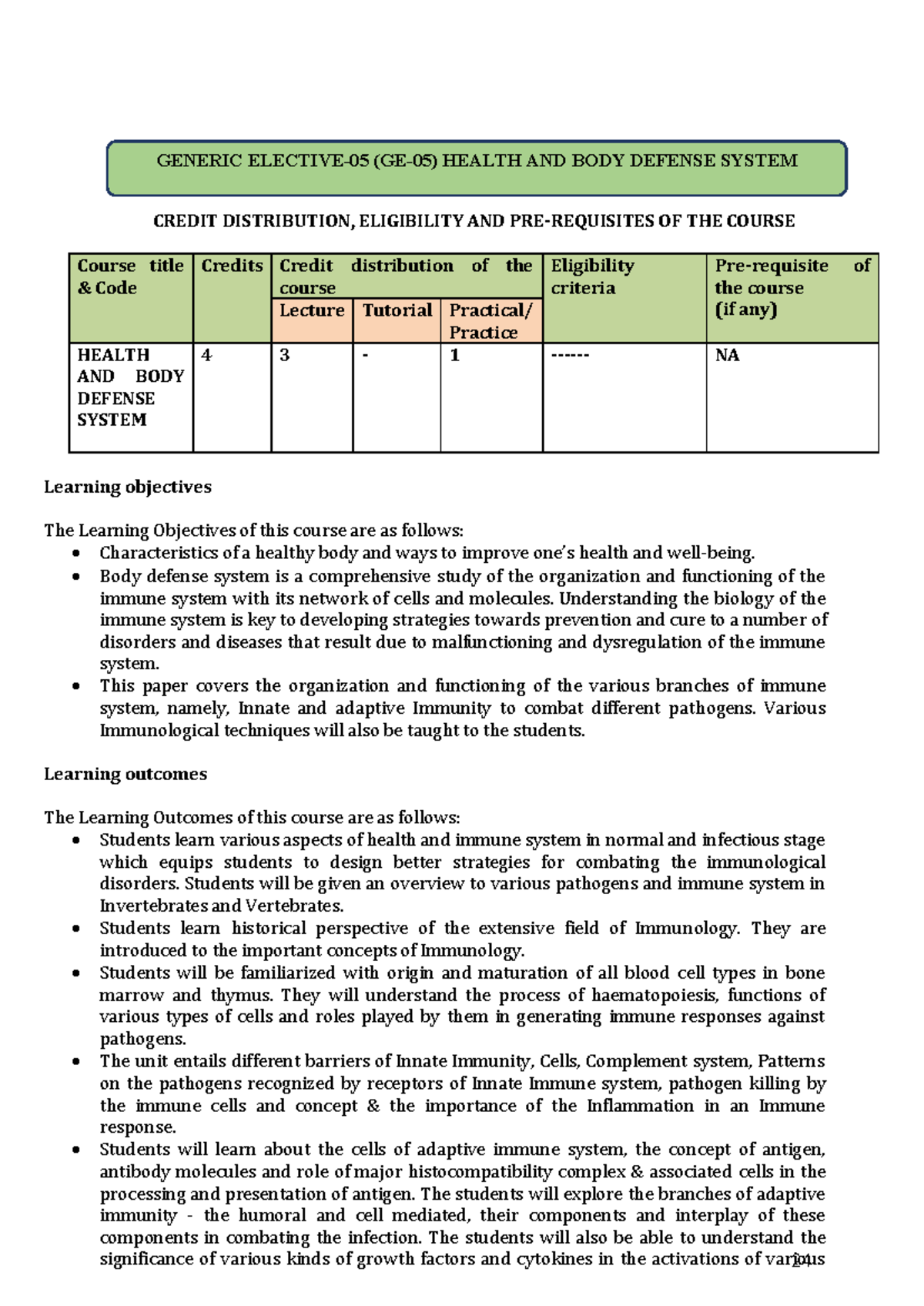 BMS Sem VI: Health & Body Defense System Course Overview - Studocu