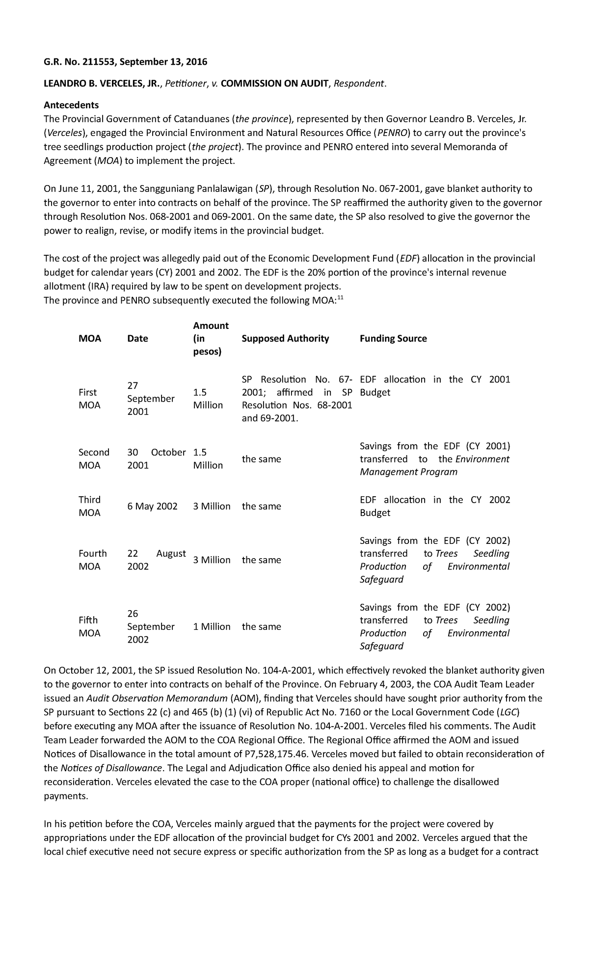 Case Digest: Verceles vs. COA - G.R. No. 211553 Analysis - Studocu