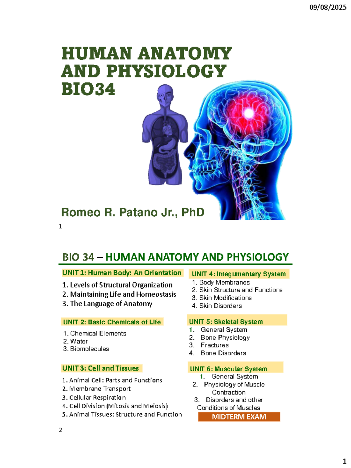 BIO34 Midterm Exam Study Guide: Human Anatomy & Physiology - Studocu