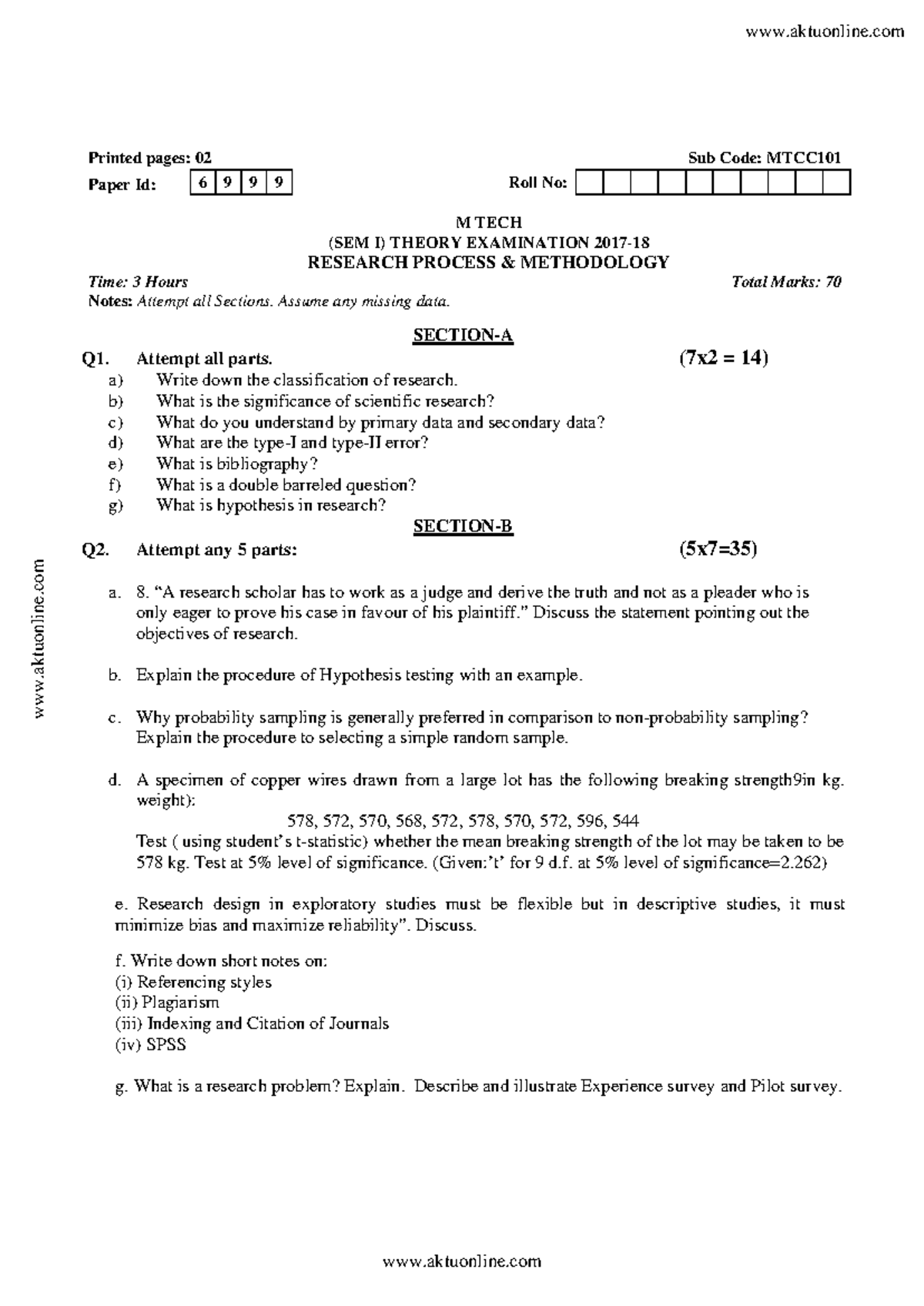 MTech 1st Sem Research Process & Methodology Exam Paper MTCC101 2022 ...