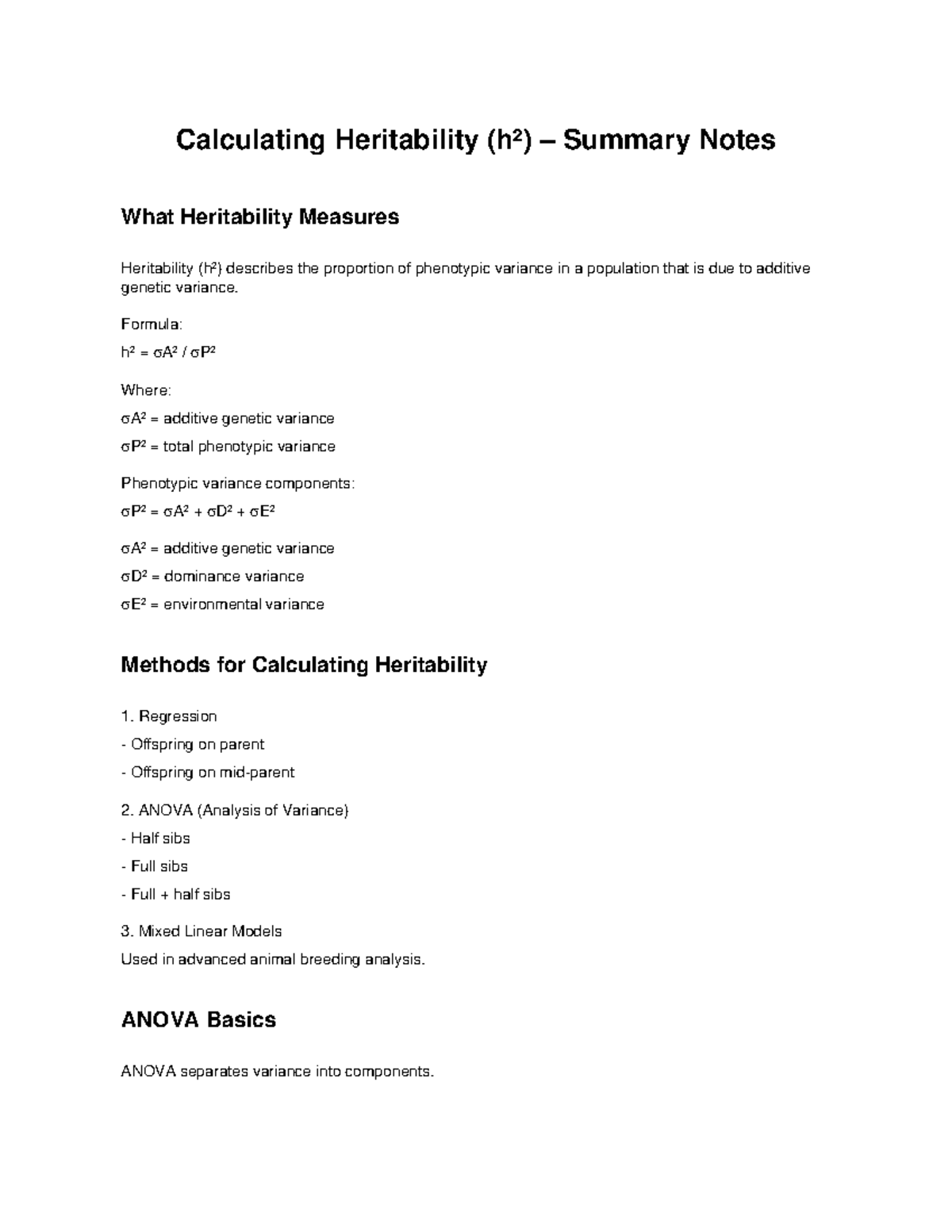 Heritability (h²) Calculation Summary Notes for Genetics Study - Studocu