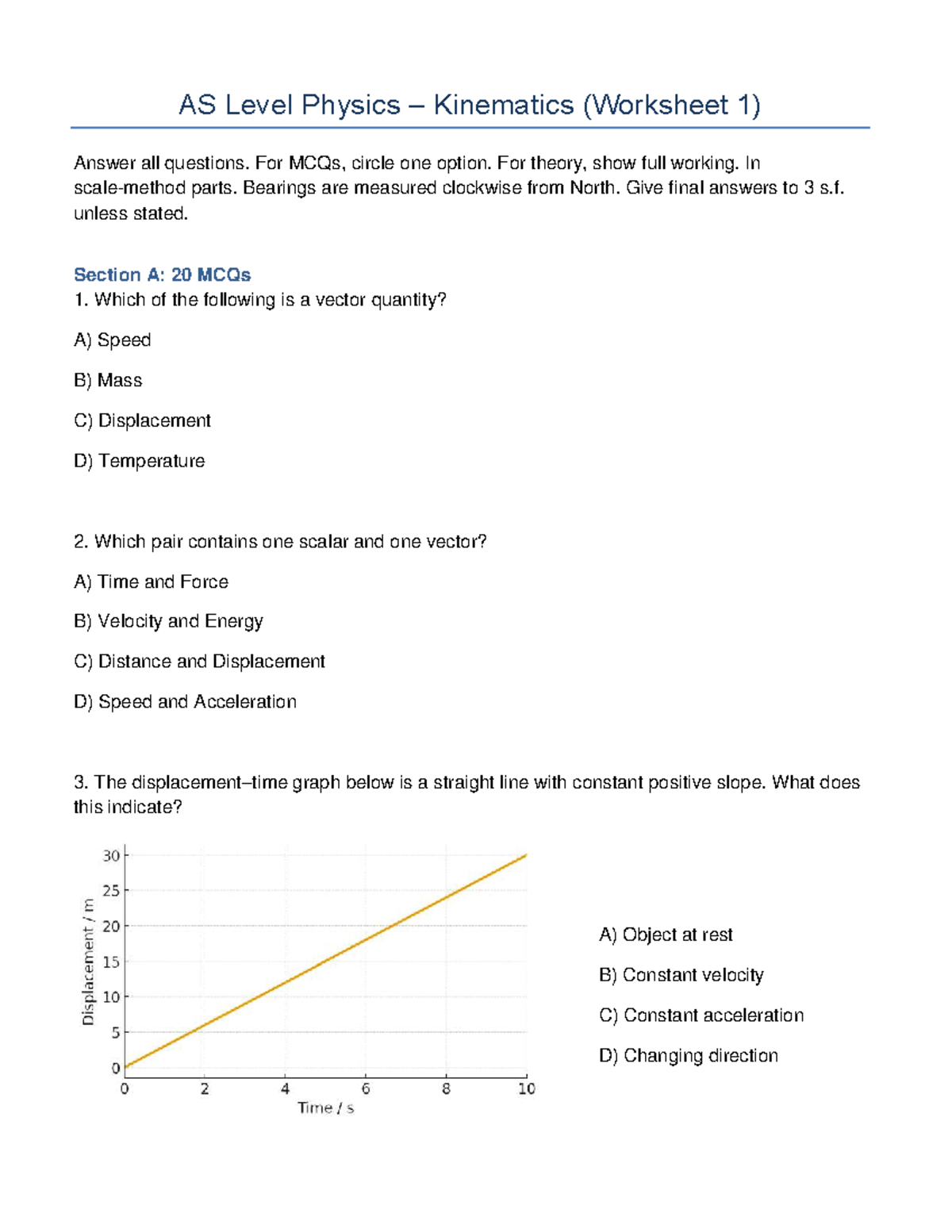 AS Level Physics Kinematics Worksheet 1: MCQs & Theory Problems - Studocu