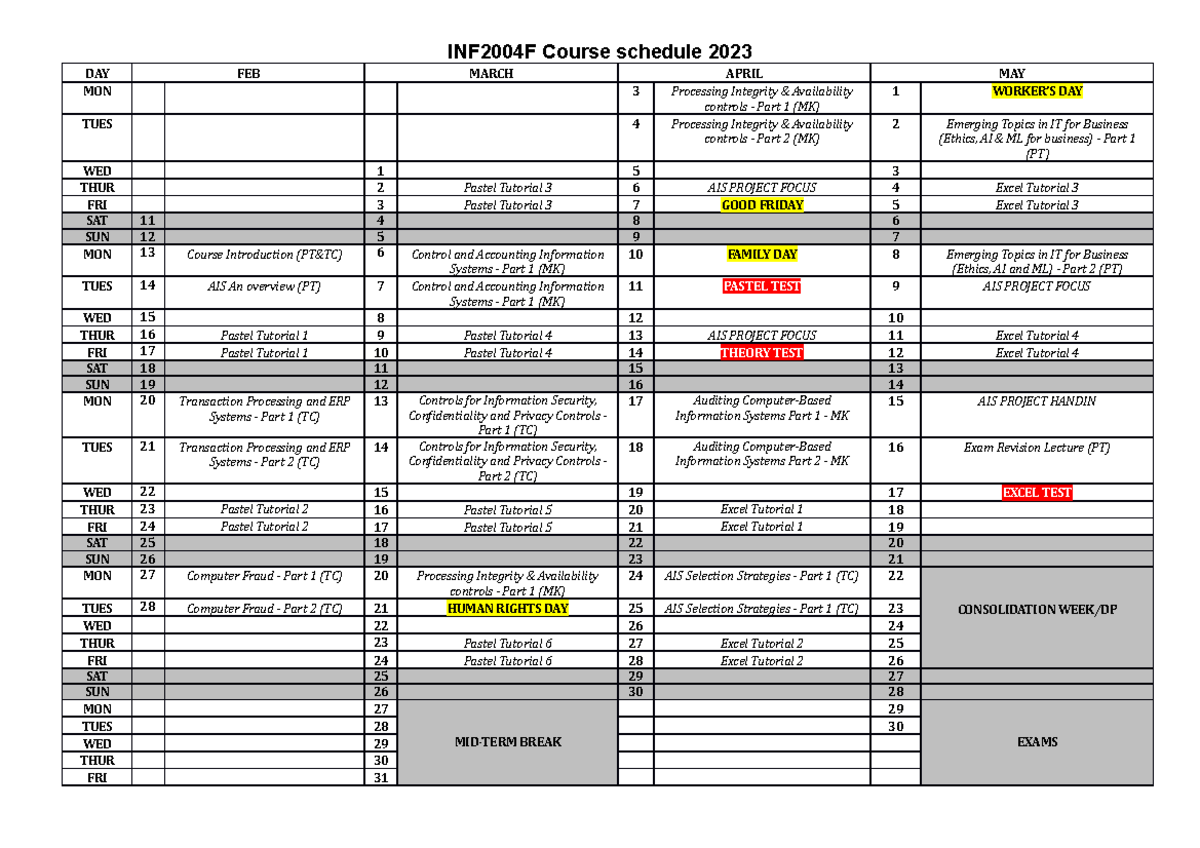 INF2004 F 2023 Course Schedule - Updated v01 - Studocu