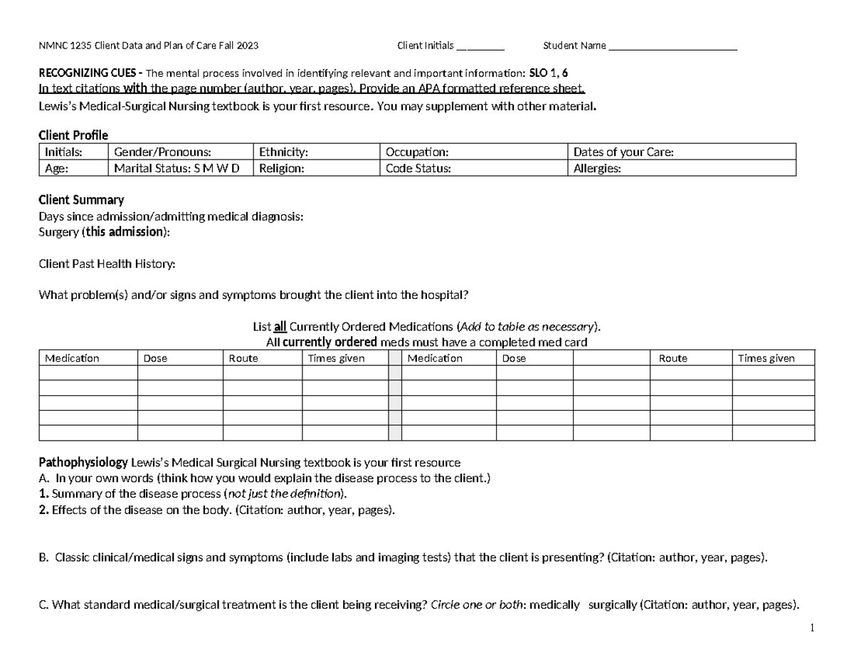 NMNC 1235 Client Data & Care Plan - Fall 2023 - Studocu