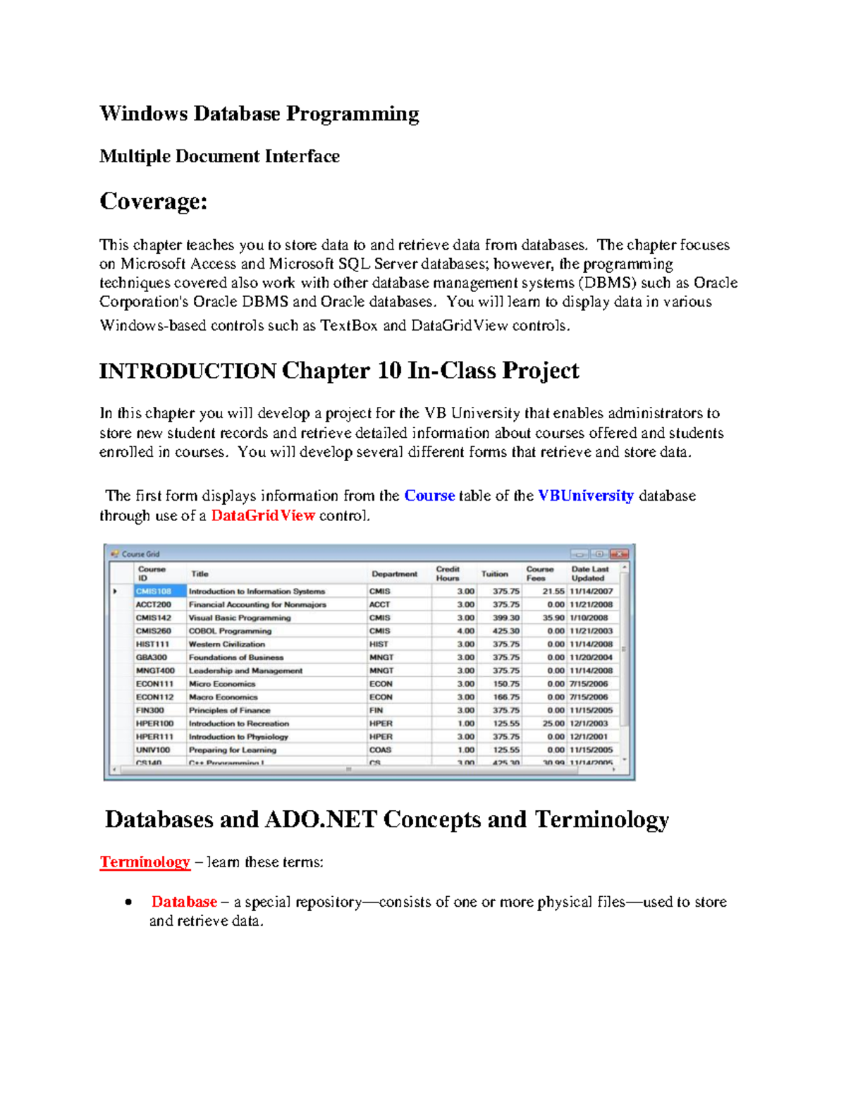 Chapter 10: Windows Database Programming MDI with MS Access & SQL Server - Studocu
