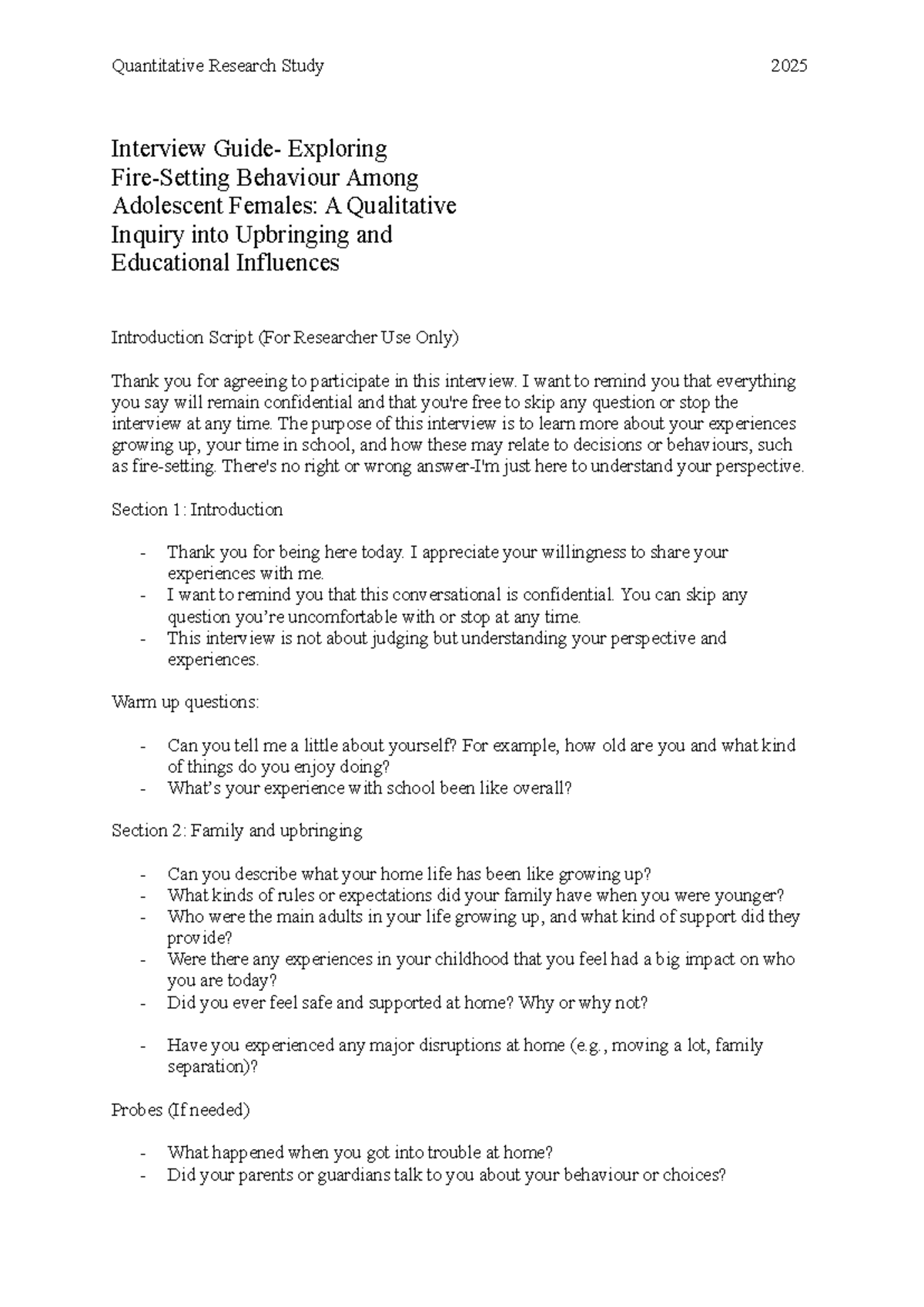 Qualitative Interview Script for Quantitative Research Study 2025 - Studocu