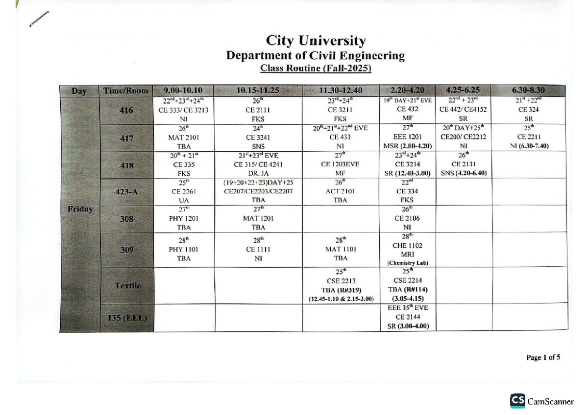 Class Routine for Civil Engineering (CE) - Fall 2025 - Studocu