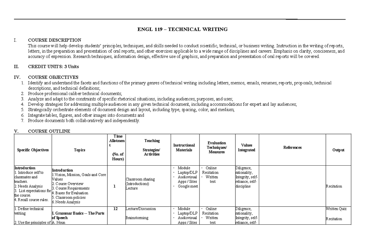 ENGL 119 - Technical Writing I Course Overview and Objectives - Studocu
