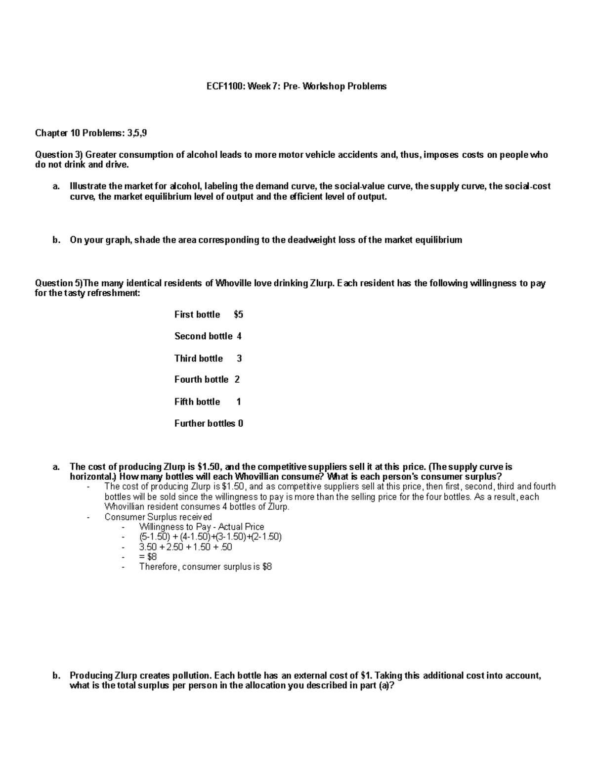 ECF1100: Week 7 Tutorial Questions on Market Dynamics and Surplus ...