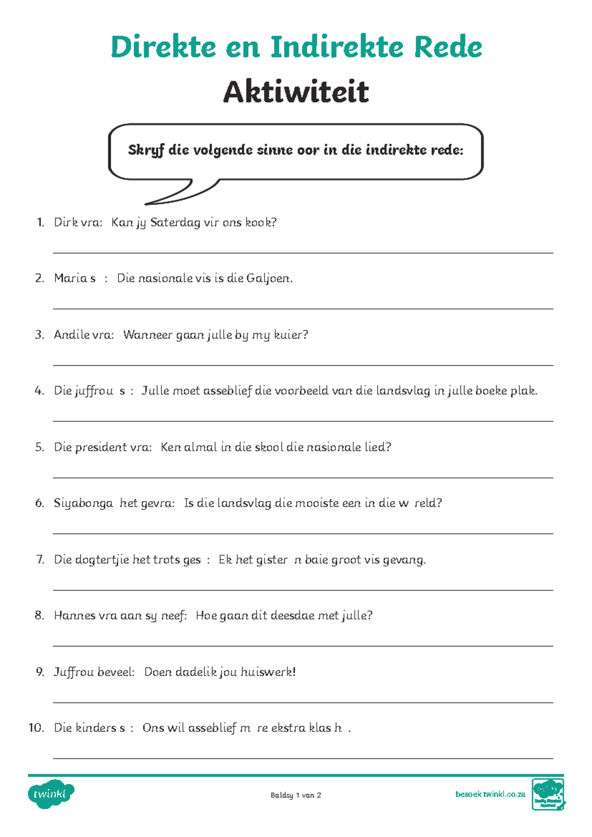 Direkte en Indirekte Rede Aktiwiteit met Antwoorde - Studocu