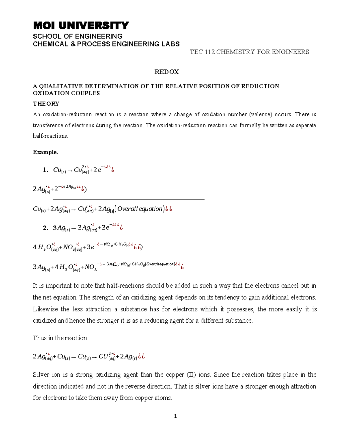 TEC 112 Redox Reactions & Qualitative Analysis Practice Materials - Studocu