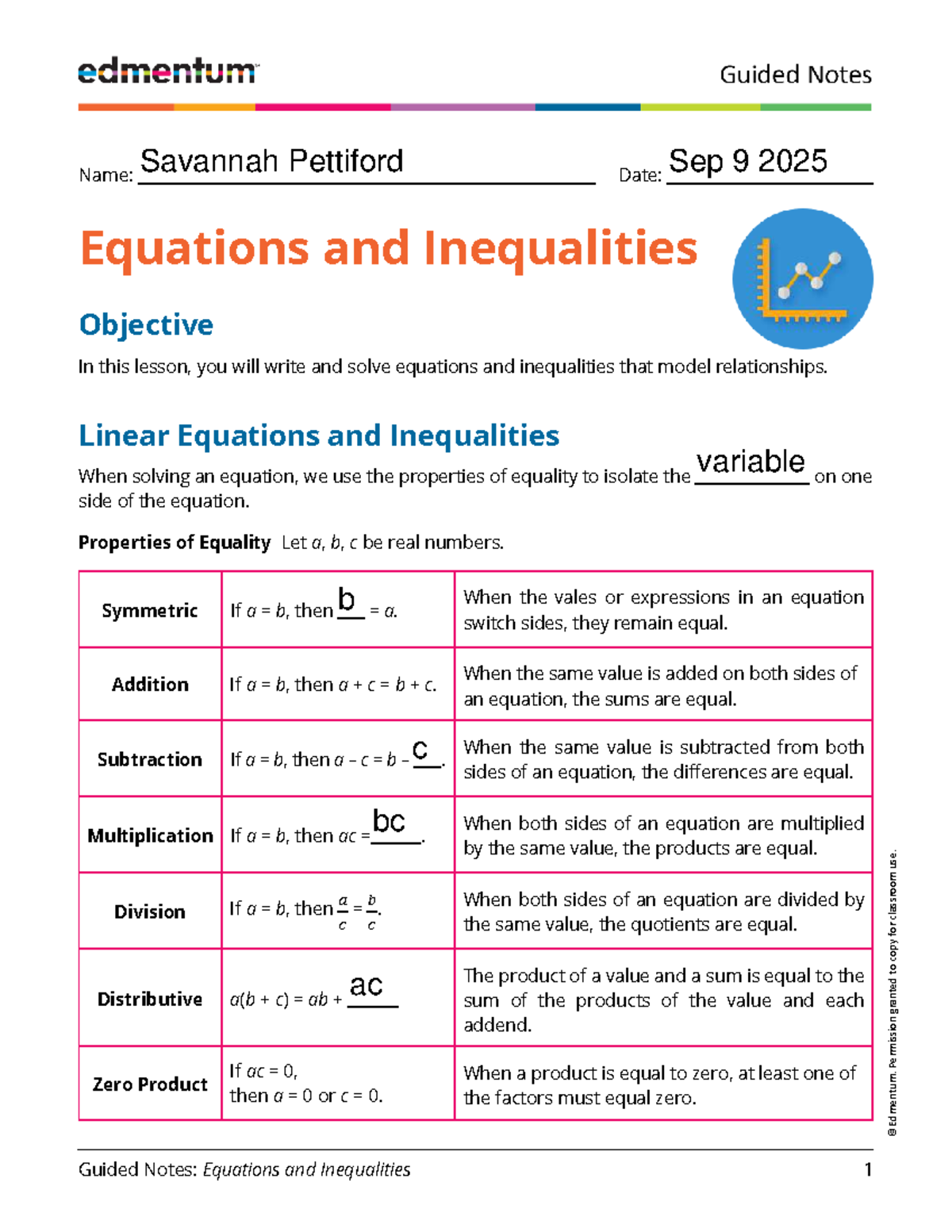 Guided Notes: Equations and Inequalities for Math Course - Studocu